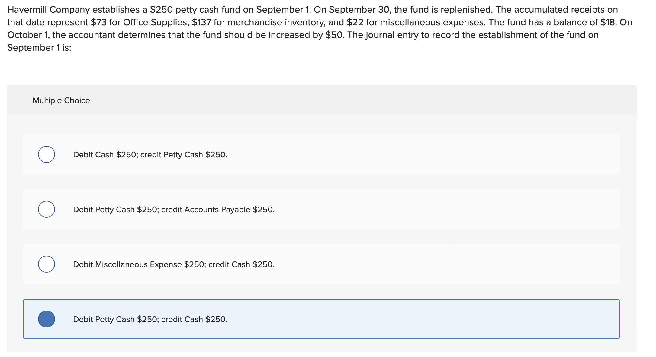 Solved Havermill Company establishes a $250 petty cash fund | Chegg.com