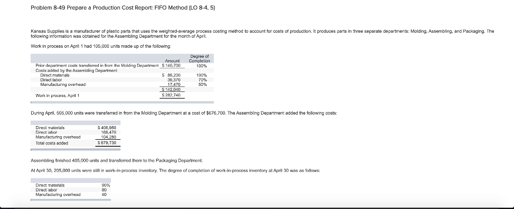 Solved Problem 8-49 Prepare a Production Cost Report: FIFO | Chegg.com