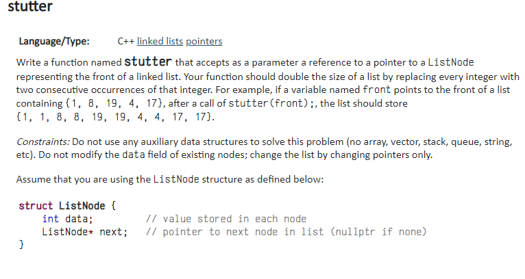 Solved stutter Language/Type: C++ linked lists pointers | Chegg.com