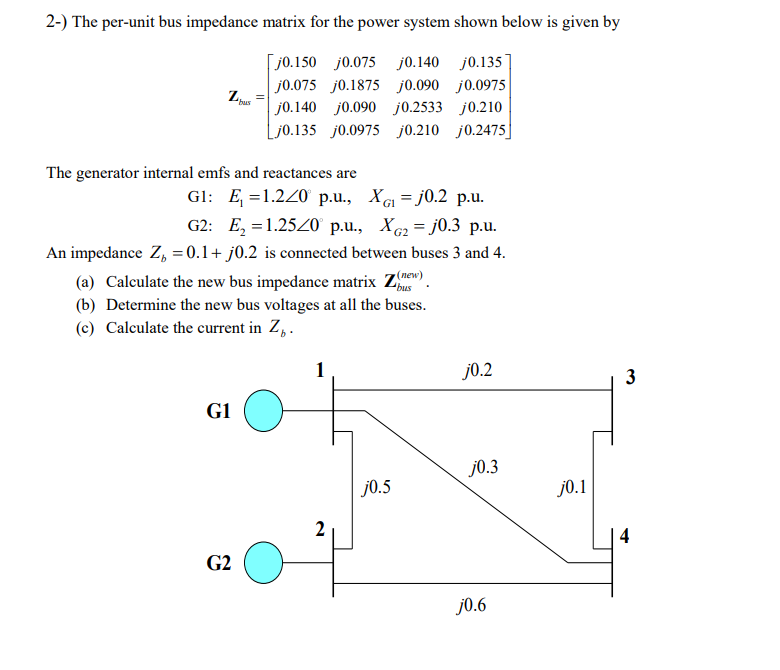 Solved 2-) ﻿The per-unit bus impedance matrix for the power | Chegg.com