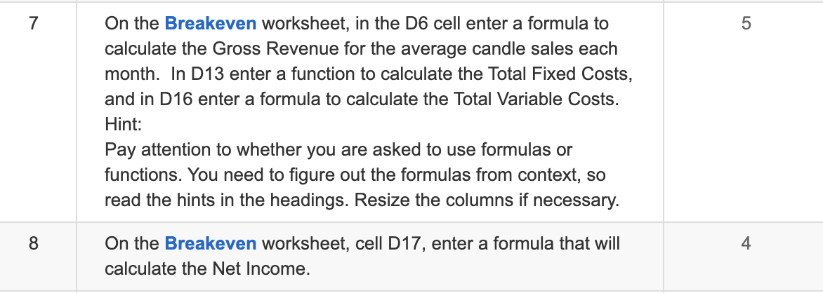 Solved 7 5 On the Breakeven worksheet, in the D6 cell enter | Chegg.com
