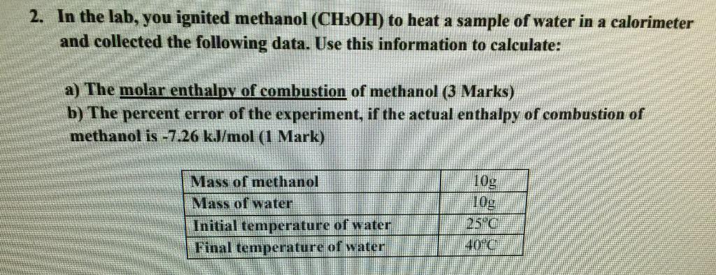 Solved 2. In the lab, you ignited methanol (CH3OH) to heat a | Chegg.com