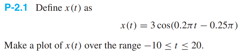 Solved P−2.1 Define x(t) as x(t)=3cos(0.2πt−0.25π) Make a | Chegg.com
