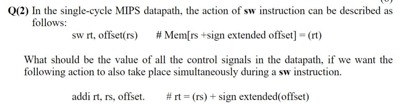 Solved Q(2) In the single-cycle MIPS datapath, the action of | Chegg.com