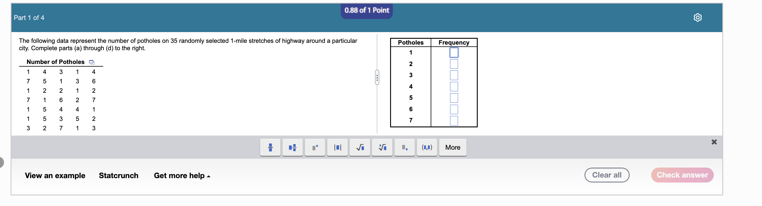 Solved The following data represent the number of potholes | Chegg.com