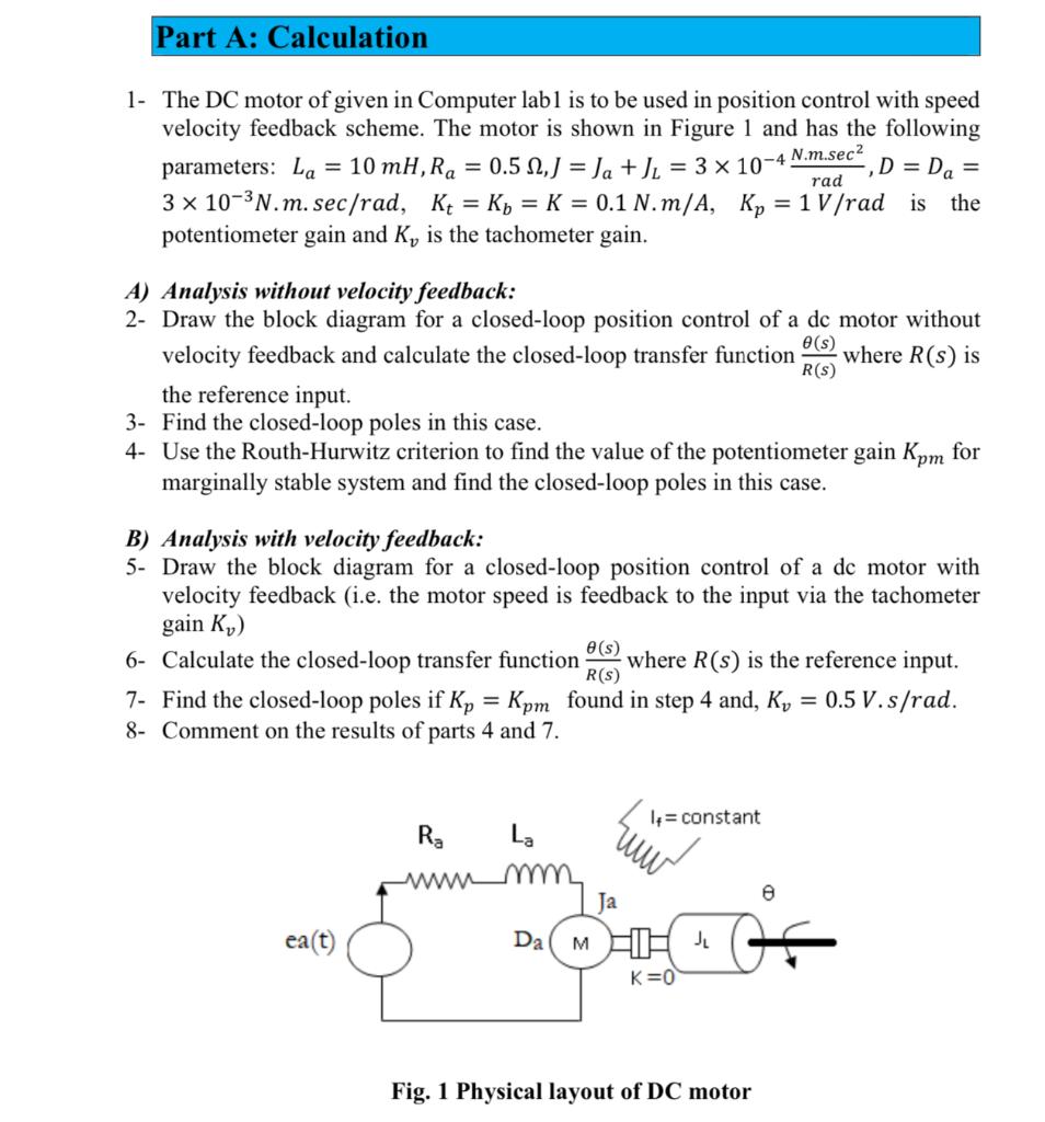 Solved Part A: Calculation 1- The DC motor of given in | Chegg.com