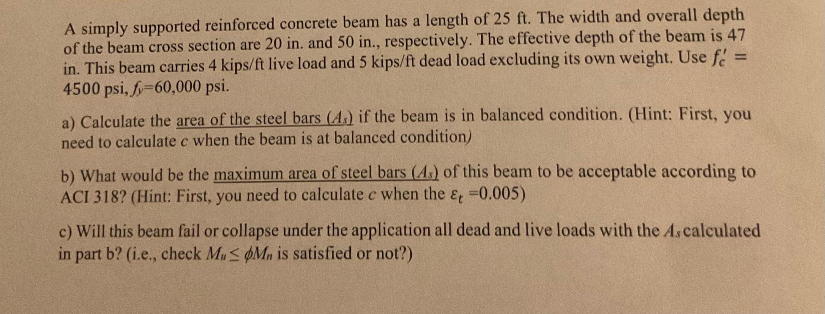 Solved A simply supported reinforced concrete beam has a | Chegg.com