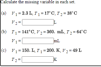 Solved Calculate the missing variable in each set. (a) V1 = | Chegg.com