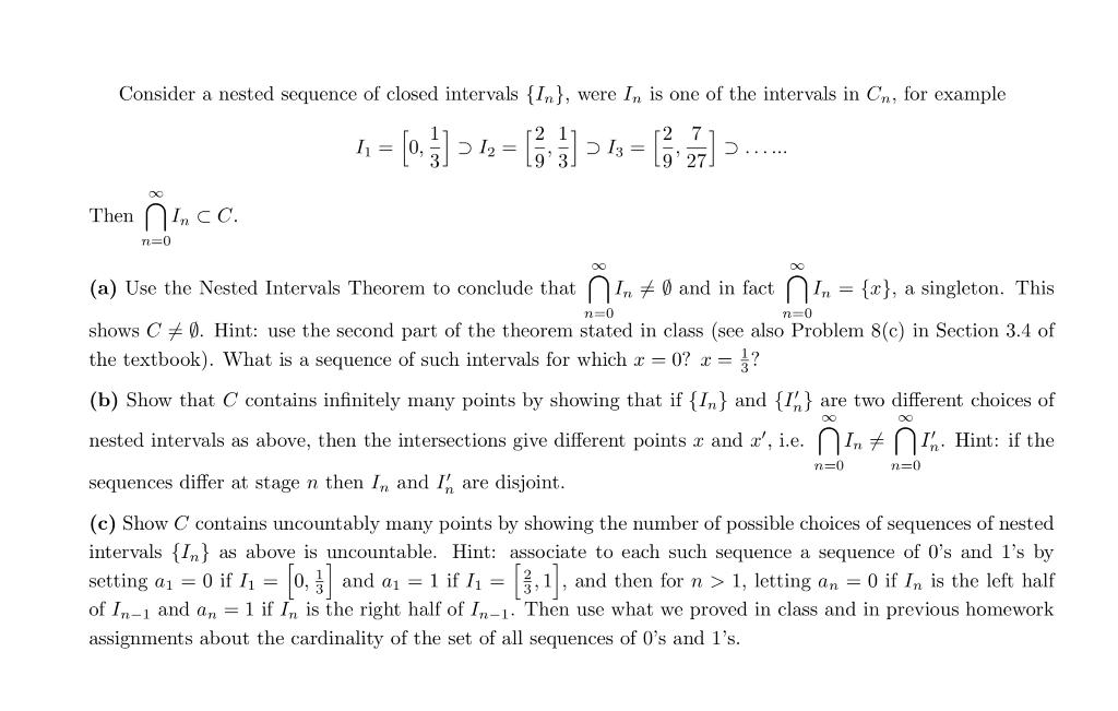 n=0 The Cantor Ternary Set C is constructed as the | Chegg.com