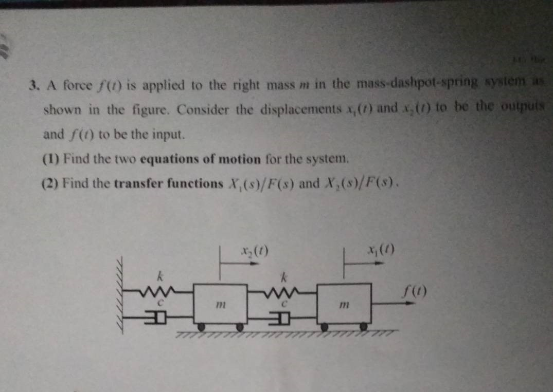 Solved 3. A force f(() is applied to the right mass m in the | Chegg.com