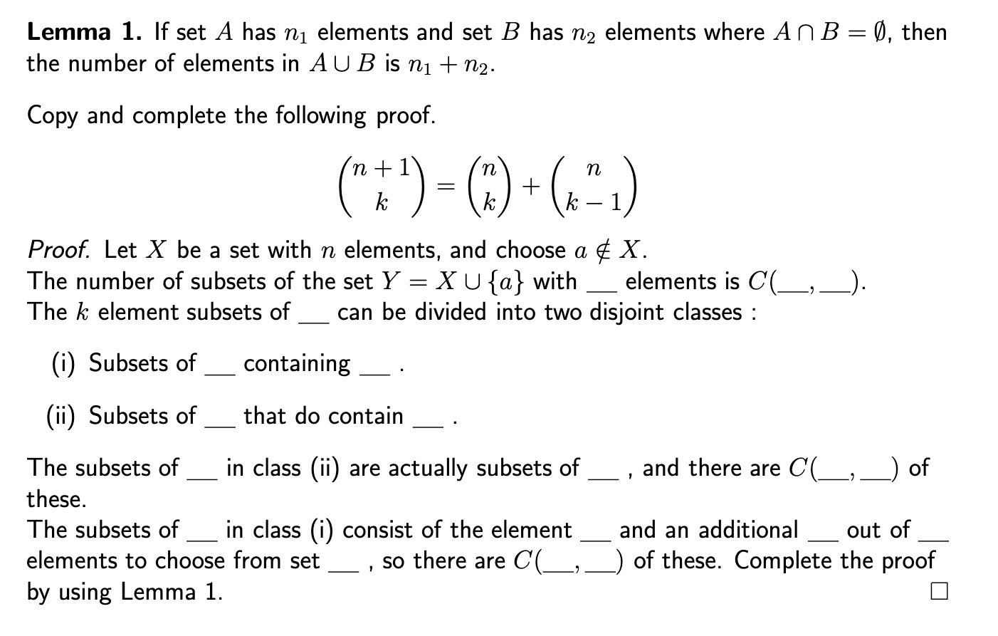 Lemma 1. If set A has n1 elements and set B has n2 | Chegg.com