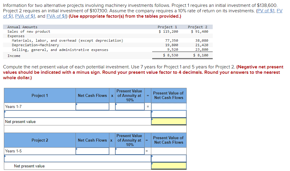 Solved Information for two alternative projects involving | Chegg.com