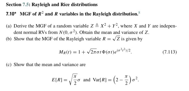 Section 7.5: Rayleigh and Rice distributions 7.10 MGF | Chegg.com