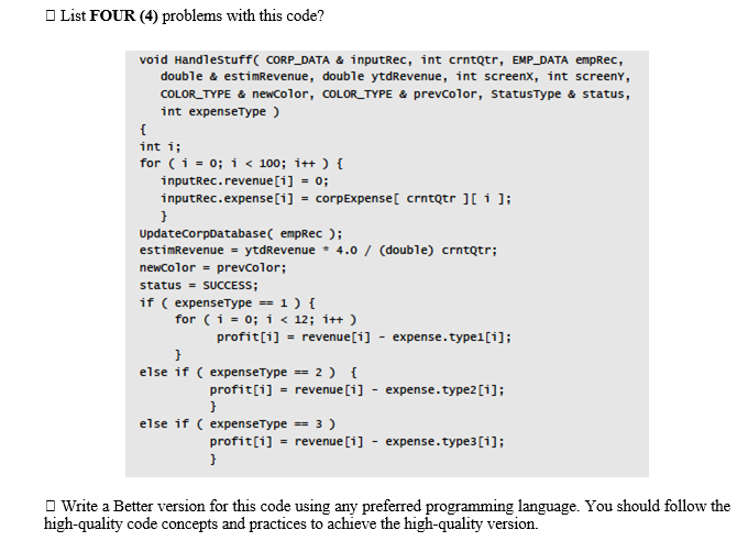 Solved List FOUR (4) problems with this code? void | Chegg.com
