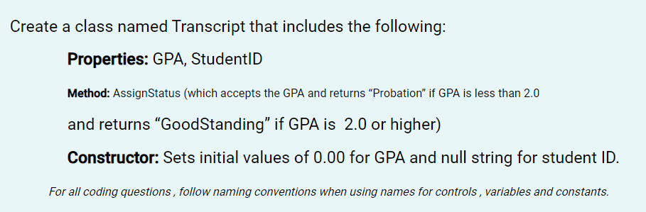 Solved eate a class named Transcript that includes the | Chegg.com