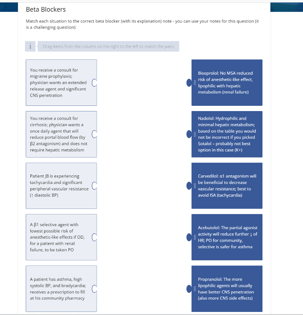 Solved Match each situation to the correct beta blocker | Chegg.com