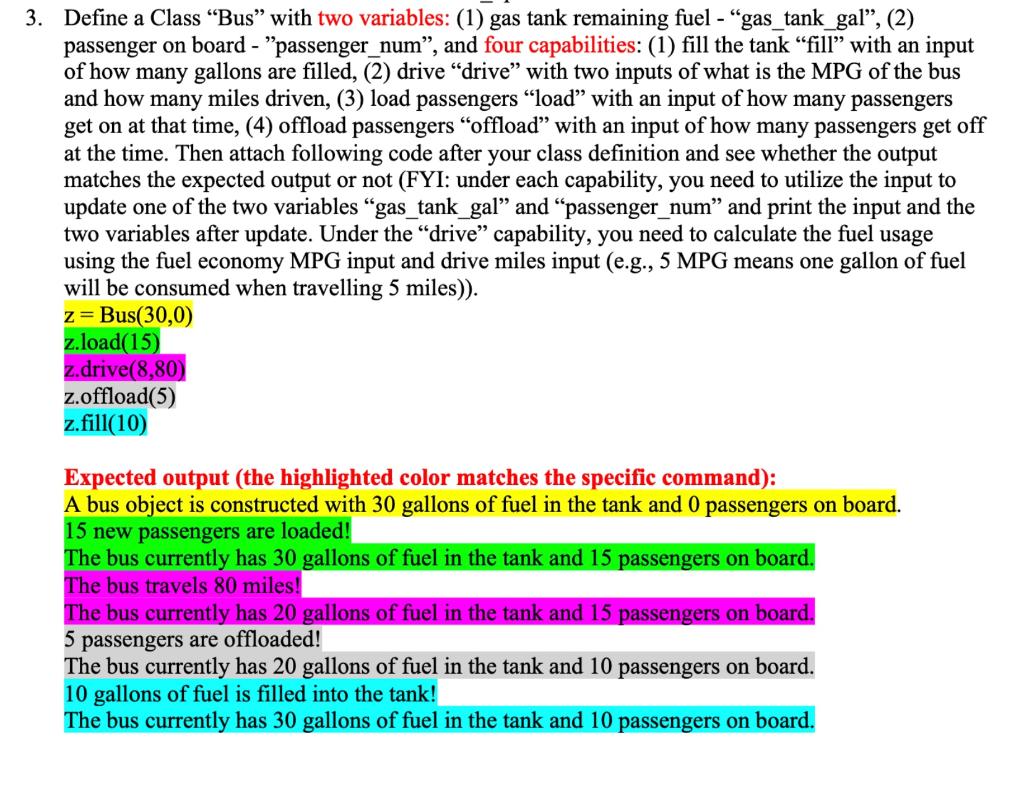 Solved Define a Class "Bus" with two variables: (1) gas tank | Chegg.com