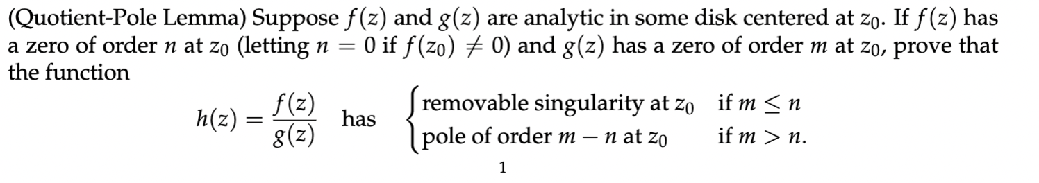 Solved (Quotient-Pole Lemma) Suppose f(z) and g(z) are | Chegg.com