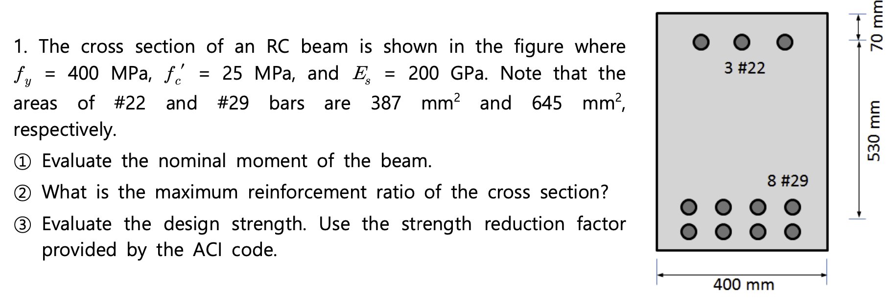 Solved 70 mm 3 #22 = 1. The cross section of an RC beam is | Chegg.com