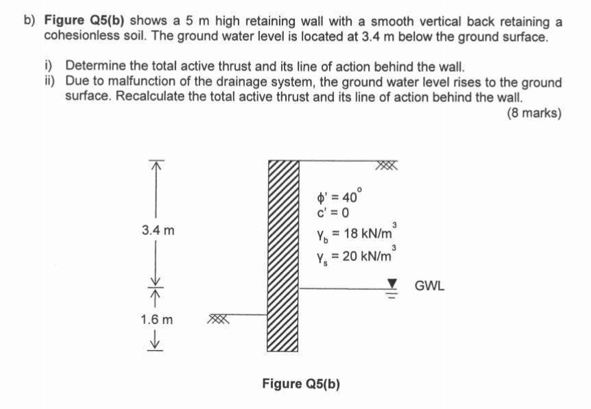 Solved b) Figure Q5(b) shows a 5 m high retaining wall with | Chegg.com
