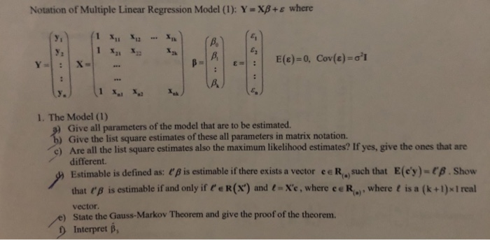 Notation of Multiple Linear Regression Model (1): | Chegg.com