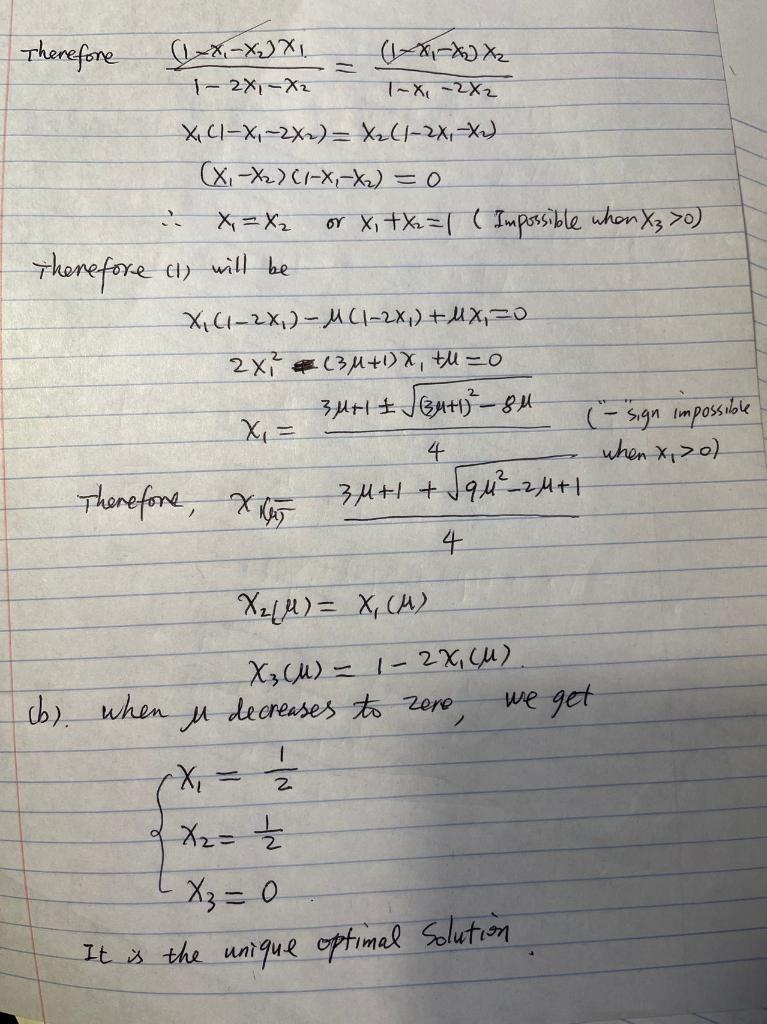 minimize x1+x2−μlogx1−μlogx2−μlogx3 s.t. x1+x2+x3=1. | Chegg.com