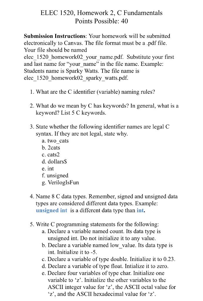 Solved ELEC 1520, Homework 2, C Fundamentals Points | Chegg.com