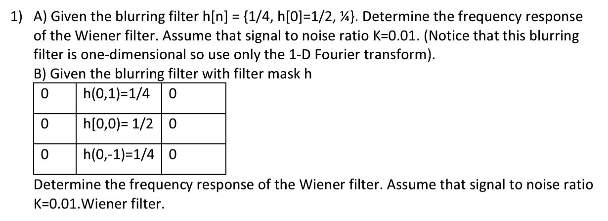 Solved A) ﻿Given the blurring filter h[n]={14,h[0]=12,14}. | Chegg.com