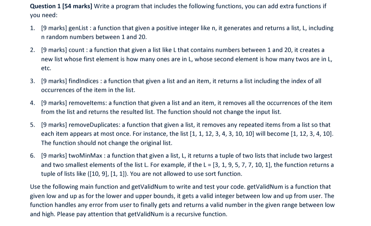 Solved Question 1 [54 marks] Write a program that includes | Chegg.com