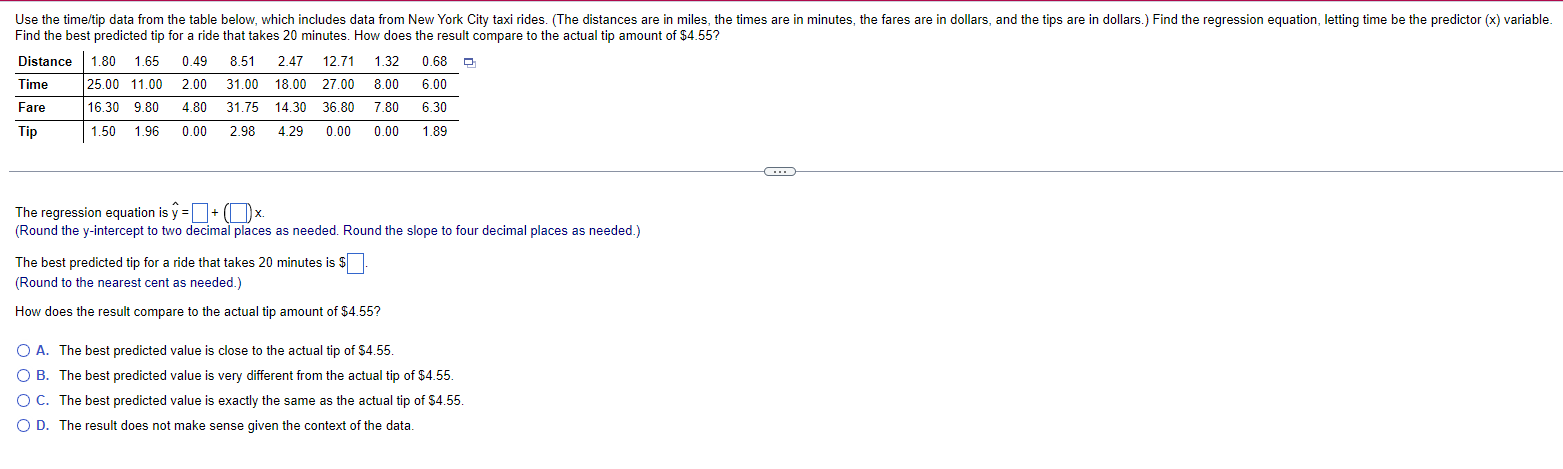 Solved Find the best predicted tip for a ride that takes 20 | Chegg.com