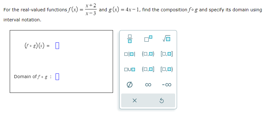Solved For the real-valued functions f(x)=x−3x+2 and | Chegg.com