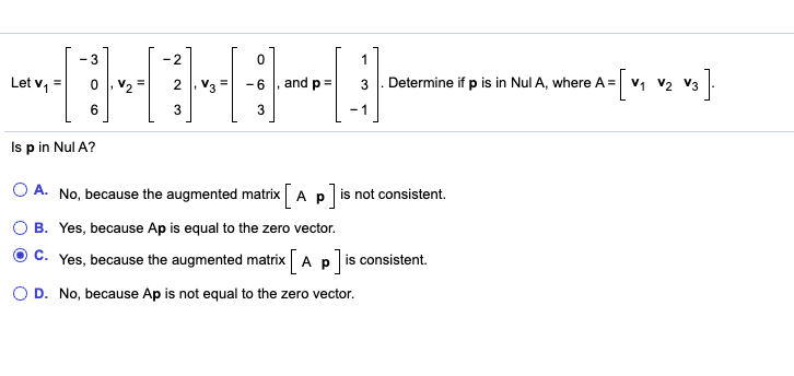 Solved and p = Determine if p is in Nul A, where A = V1 V2 | Chegg.com