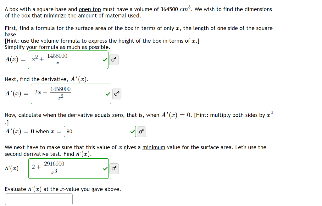 Solved A box with a square base and open top must have a | Chegg.com