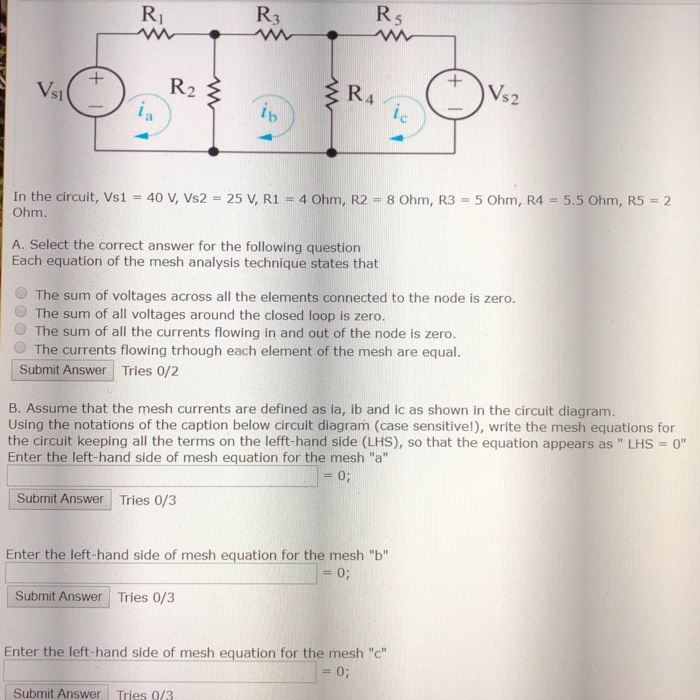 Solved s1 2 In the circuit, Vs1 40 v, Vs2 25 V, R1 4 Ohm, R2 | Chegg.com