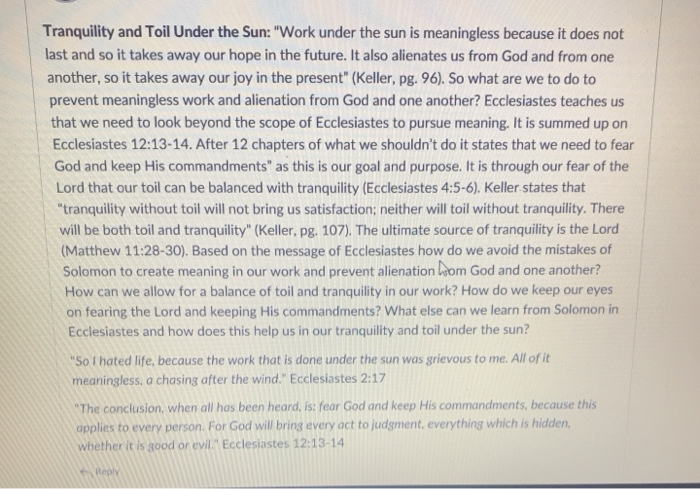 Tranquility and Toil Under the Sun: "Work under the | Chegg.com