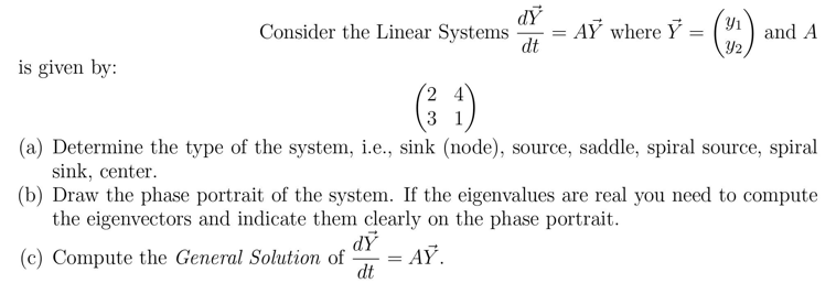 Solved 1) dÝ Consider the Linear Systems = AY where Y = Y1 | Chegg.com