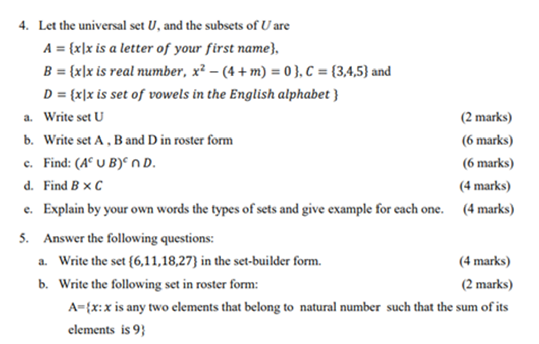 Solved = 4. Let the universal set U, and the subsets of U | Chegg.com