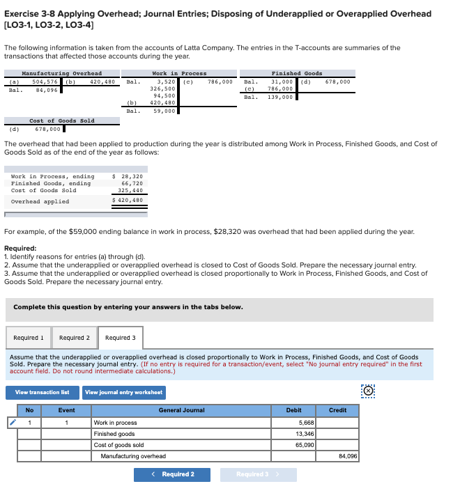 Solved Exercise 3-8 Applying Overhead; Journal Entries; | Chegg.com
