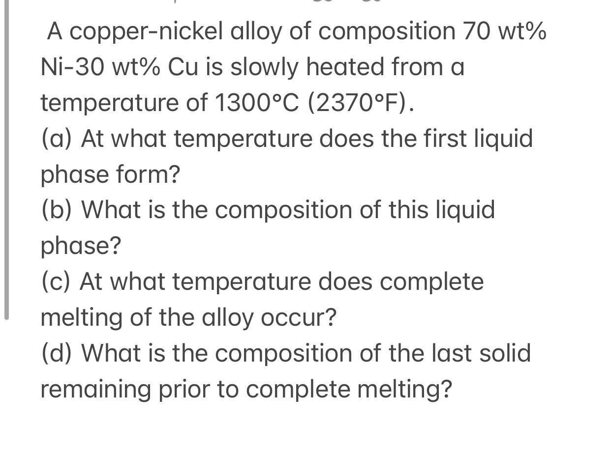 Solved A copper-nickel alloy of composition 70 wt% Ni-30 wt% | Chegg.com