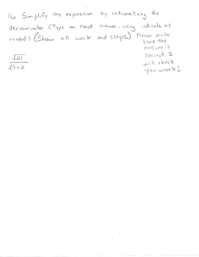 Solved answer i Simplify the expression by rationalizing the | Chegg.com