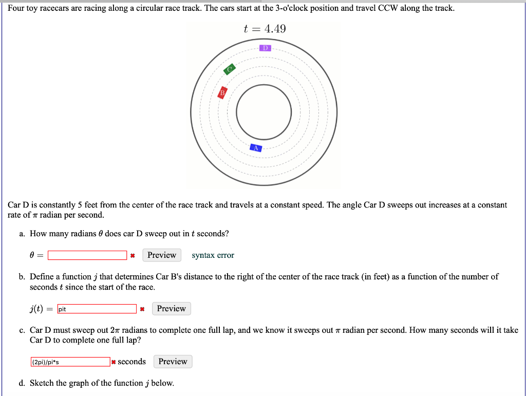 Solved Four toy racecars are racing along a circular race | Chegg.com
