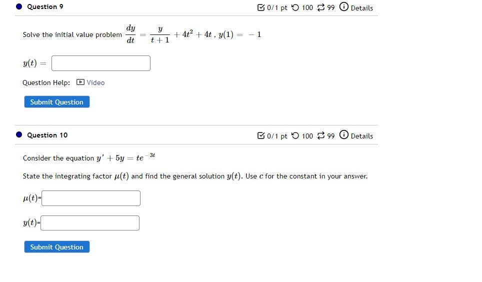 Solved Question 9 0/1 pt 100 99 Details Solve the initial | Chegg.com