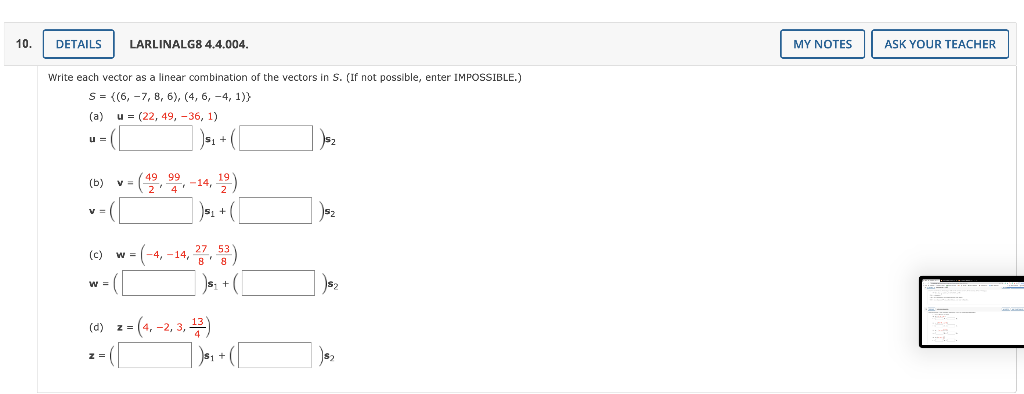 Solved 10. DETAILS LARLINALG8 4.4.004 MY NOTES ASK YOUR | Chegg.com