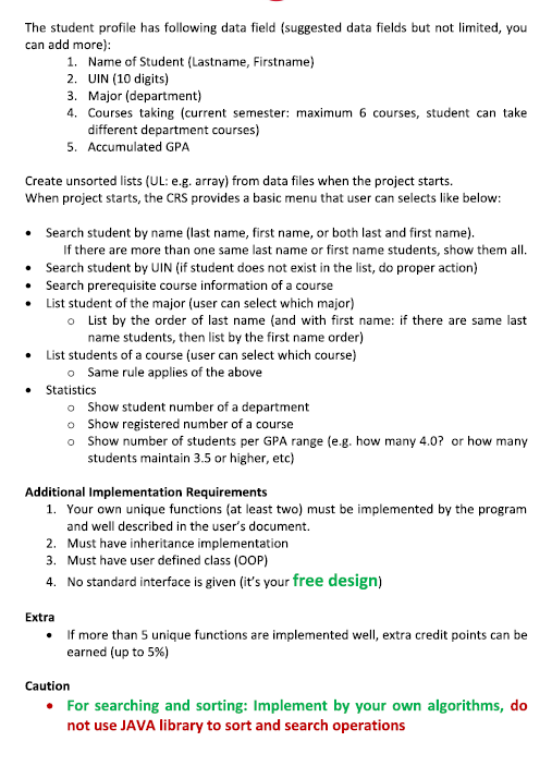 1. Project Description Create a course registration | Chegg.com