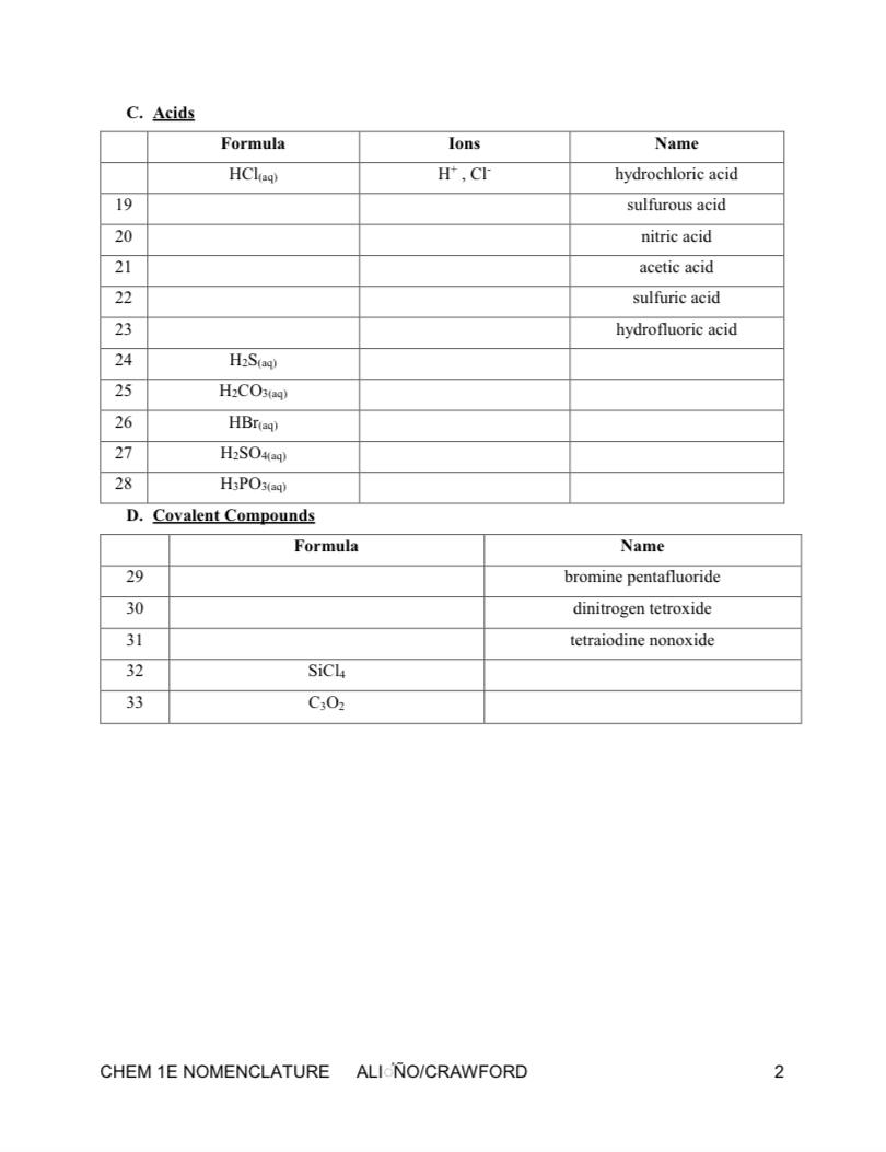 Solved CHEM 1E Nomenclature Lab Name: Lab Section Date: | Chegg.com