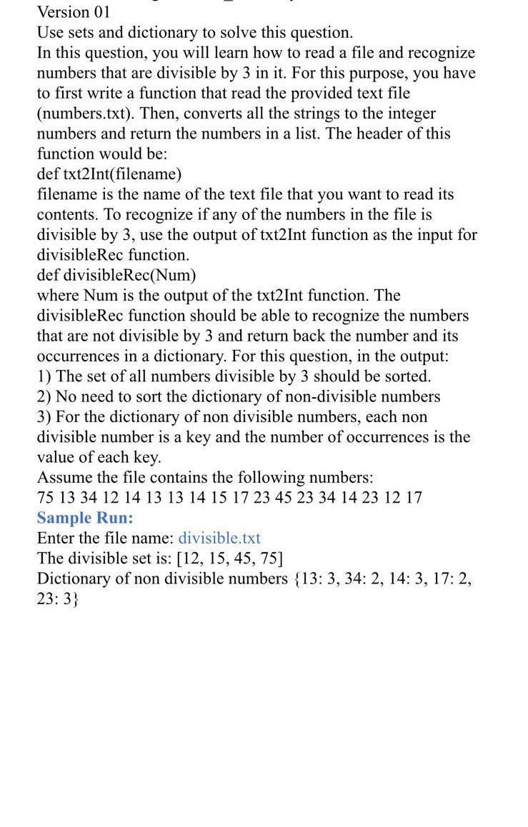 Solved Version 01 Use sets and dictionary to solve this | Chegg.com