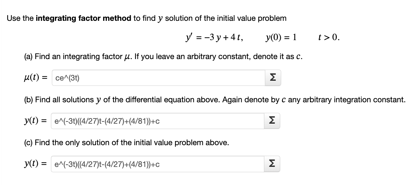 Solved Use the integrating factor method to find y solution | Chegg.com