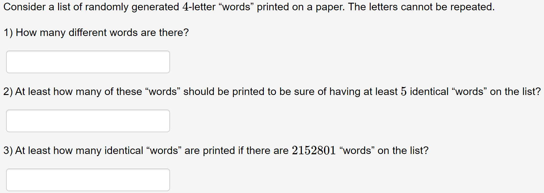 Solved Consider a list of randomly generated 4-letter | Chegg.com