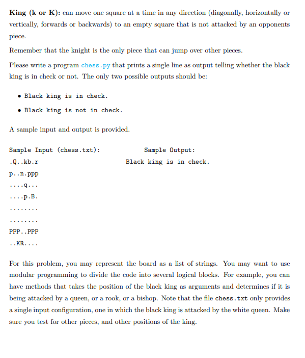 Solved King ( k or K ): can move one square at a time in any | Chegg.com