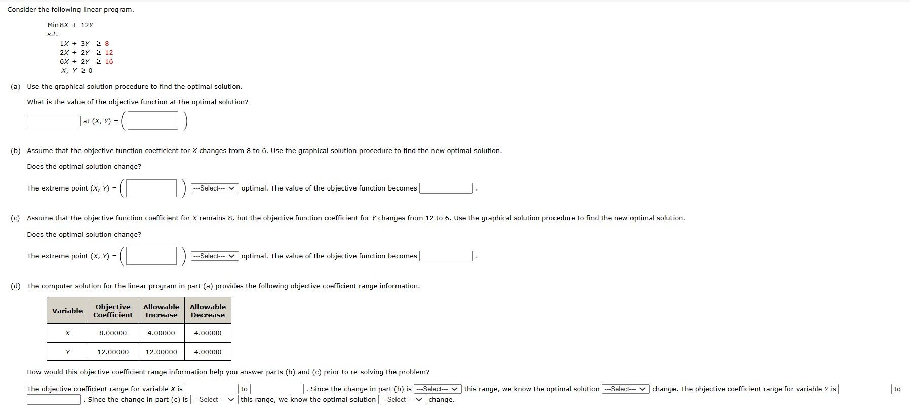 Solved Consider the following linear program. Min 8X+12Y | Chegg.com